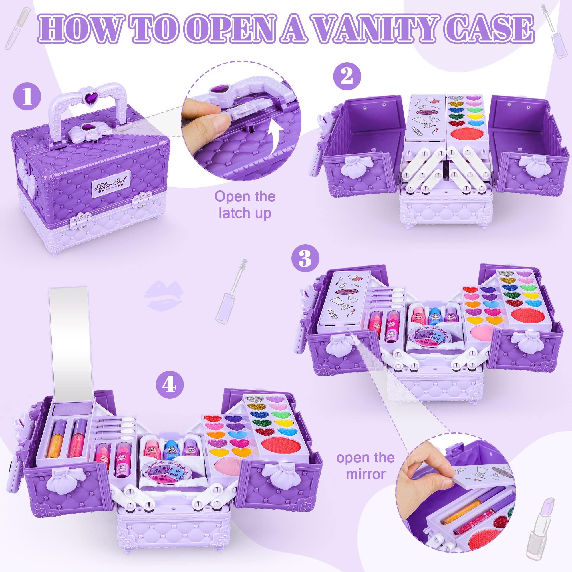 Kids Makeup Kit for Girls 44 Pcs Washable Makeup Kit,Real Cosmetic for Little Girls (Lilac)