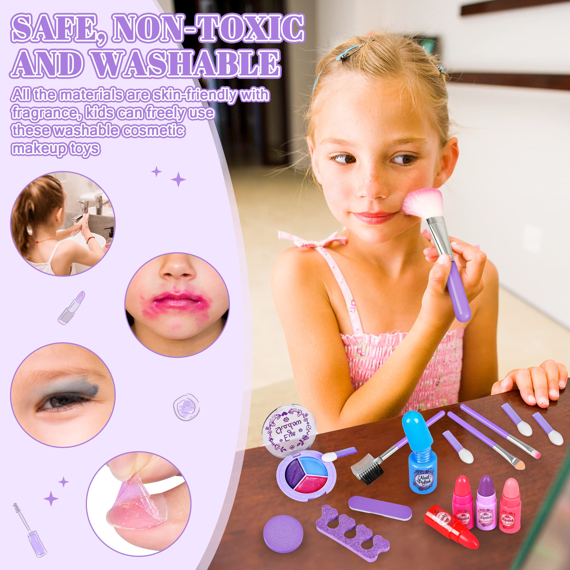 Kids Makeup Kit for Girls 44 Pcs Washable Makeup Kit,Real Cosmetic for Little Girls (Lilac)