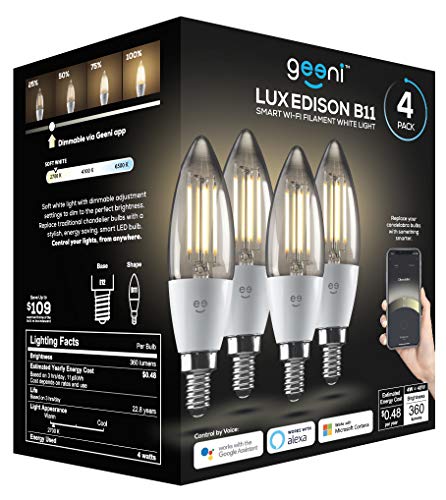Geeni LUX Edison B11 Filament WiFi LED Smart Bulb, B11 Candelabra, 4W, E12 Base, Dimmable, White Light, Compatible with Amazon Alexa & Google Home - No Hub Required- 4 Pack