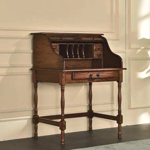 Furniture Dash - Mini Roll Top Desk USB - Standing Desk - Desk with Drawers - Rolling Desk - Wooden Desk - 32" W x 24" D x 44.5" H - 66lb (Burnished Walnut Finish)