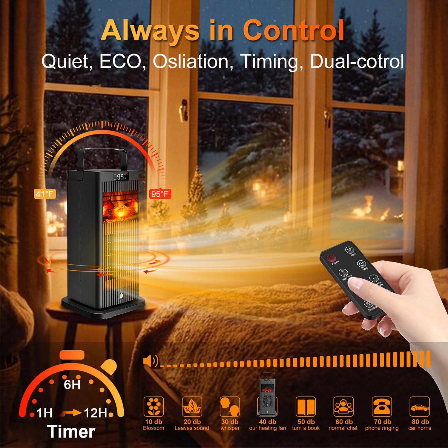 Space Heater, 2024 Small Space Heaters for Indoor Use, Oscillating Electric Heater with Infrared Sensor & 3D Flame Effect as Mini Fireplace, 1500W ECO Portable Heater for Office/Bedroom/Home/Garage