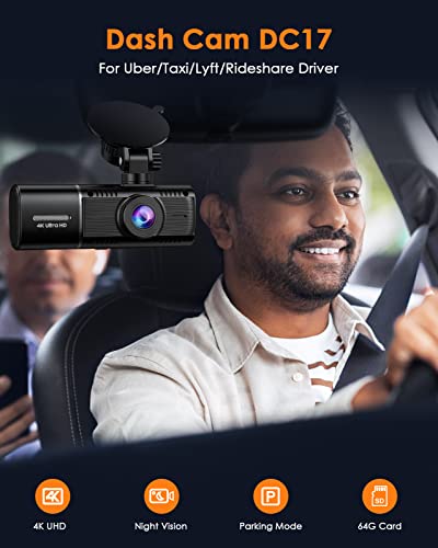 Dual Dash Cam 4K, Dash Cam Front and Inside, Dash Camera for Cars with 64GB SD Card, Infrared Night Vision, 1.5 inch IPS Screen, Loop Recording, Accident Lock, WDR, Parking Monitor for Taxi Driver