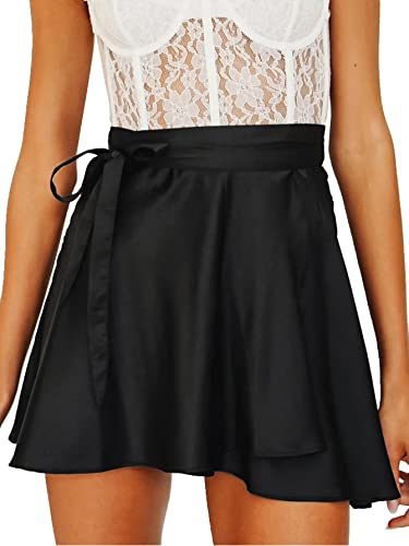 Umenlele Women's Satin Tie Knot Belted Waist Wrap Skater Mini Short Skirt Black X-Large