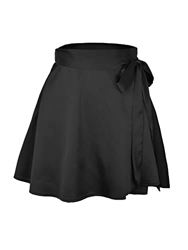 Umenlele Women's Satin Tie Knot Belted Waist Wrap Skater Mini Short Skirt Black X-Large