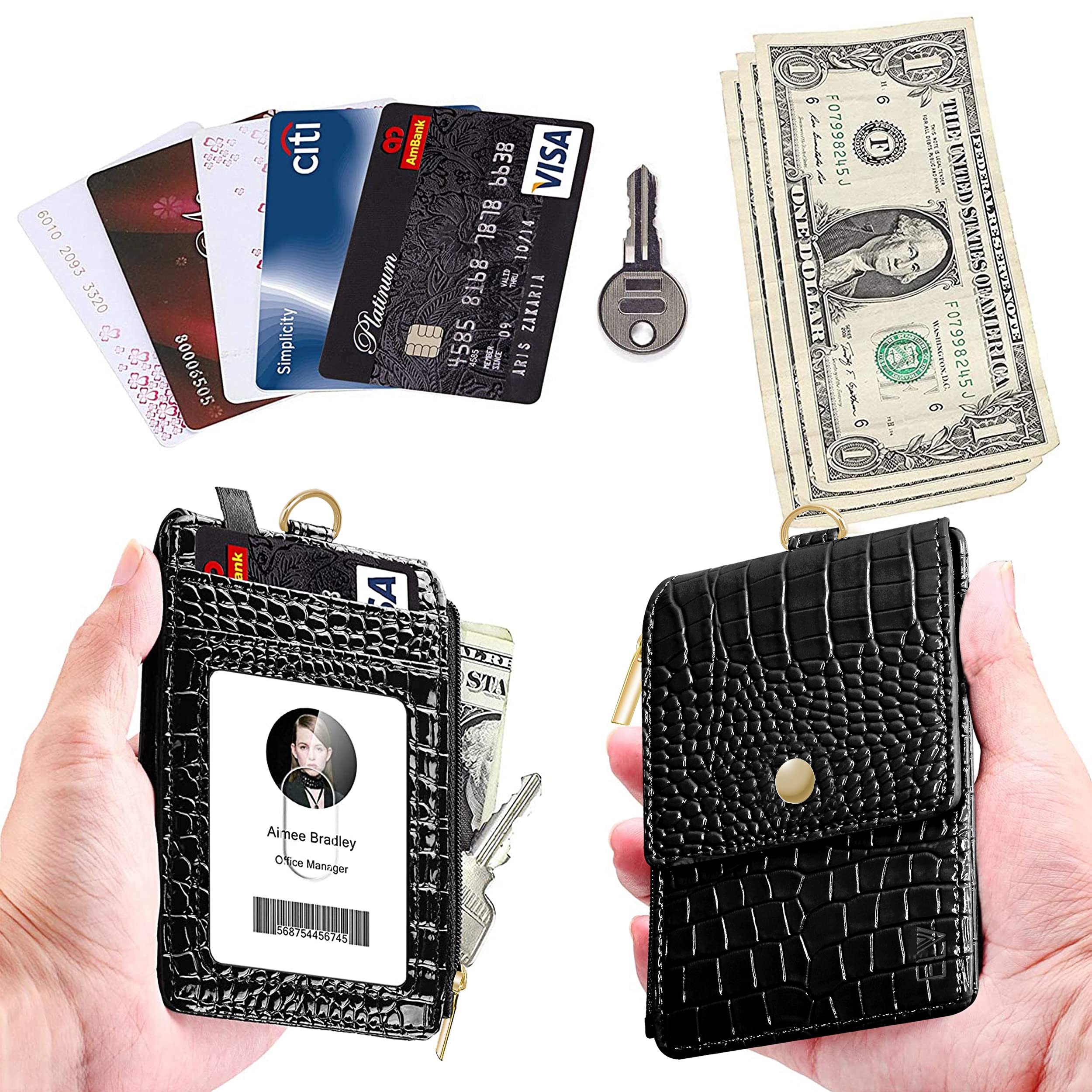 ELV Badge Holder with Zipper, PU Leather ID Badge Card Holder Wallet with 5 Card Slots, 1 Side RFID Blocking Pocket and 20 inch Neck Lanyard Strap for Offices ID, School ID, Driver Licence
