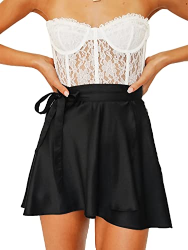 Umenlele Women's Satin Tie Knot Belted Waist Wrap Skater Mini Short Skirt Black X-Large