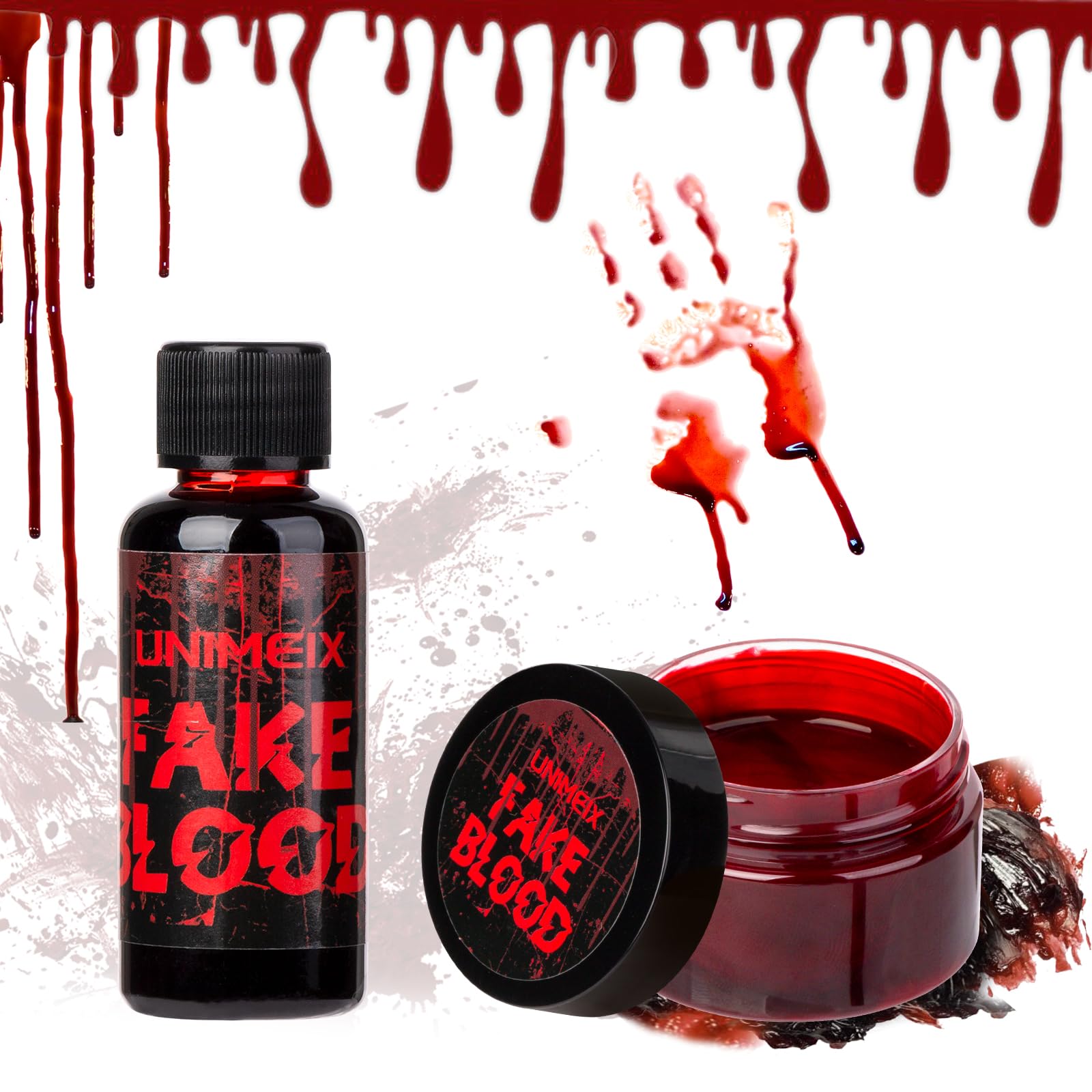 UNIMEIX 1 OZ Fake Blood Makeup Kit Fake Blood Gel Washable Sfx Makeup for Clothes Mouth Eyes,Stage Blood for Halloween Zombie Vampire Cosplay Party