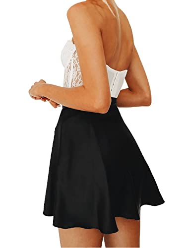Umenlele Women's Satin Tie Knot Belted Waist Wrap Skater Mini Short Skirt Black X-Large