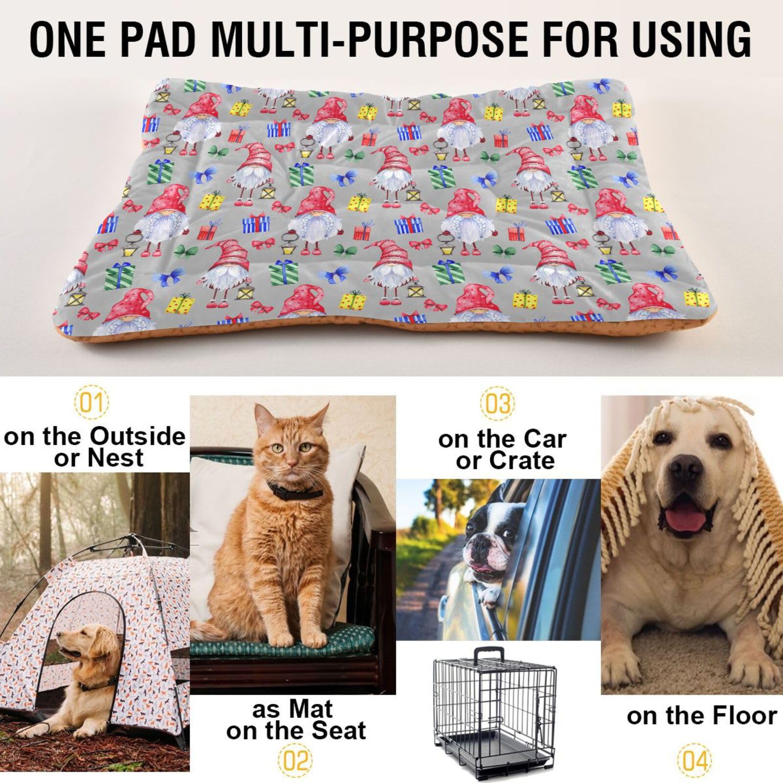 Coikll Scandinavian Christmas Gnomes Pet Bed Pad Soft Dog Bed Mat with Anti-Slip Bottom, Machine Washable Crate Pad Mattress for Dog Sleeping- 24 * 18inches