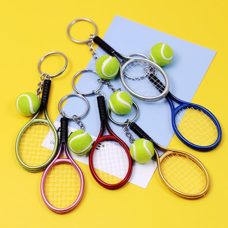 X Hot Popcorn 5 Color Mini Tennis Racket with Ball Keychain Key Ring