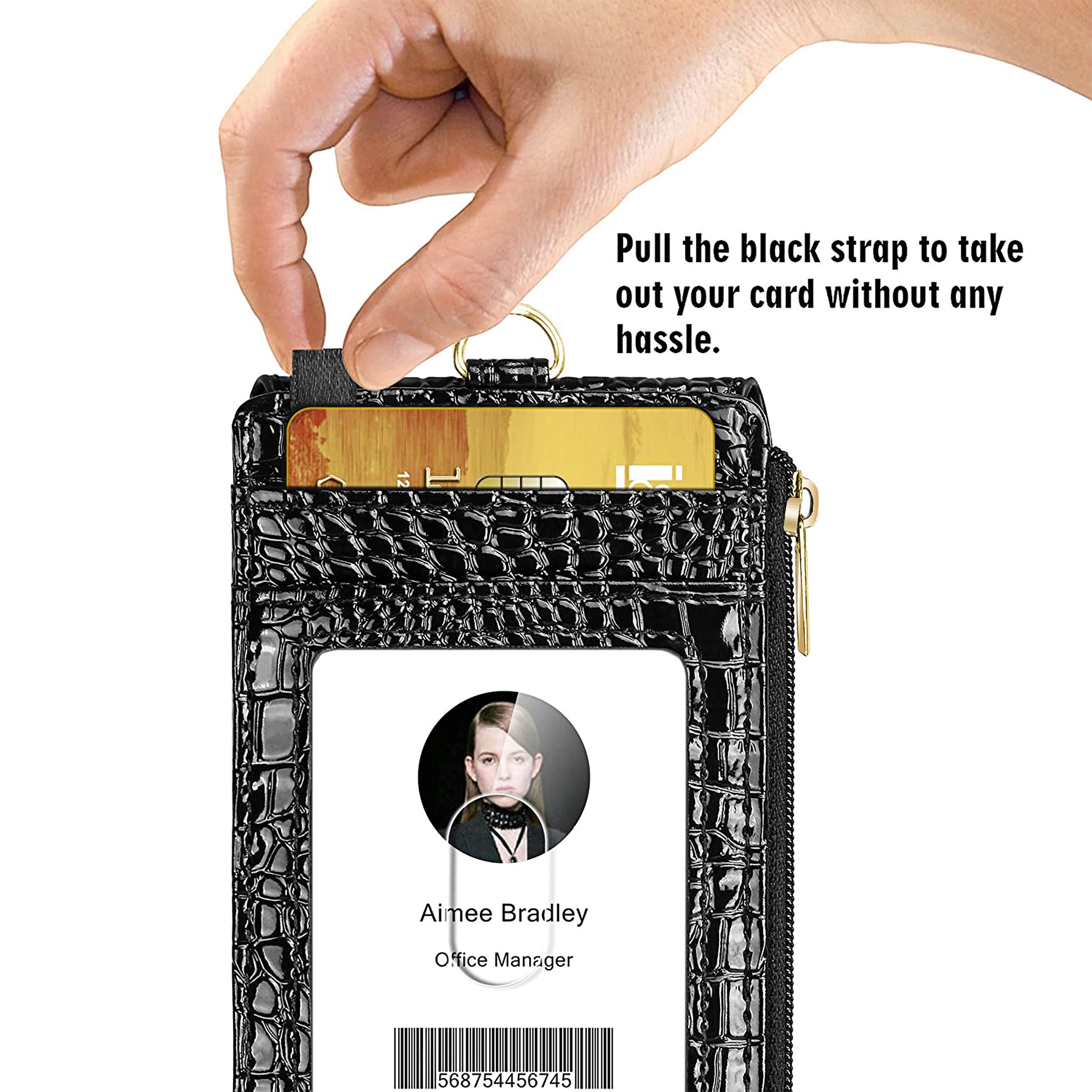 ELV Badge Holder with Zipper, PU Leather ID Badge Card Holder Wallet with 5 Card Slots, 1 Side RFID Blocking Pocket and 20 inch Neck Lanyard Strap for Offices ID, School ID, Driver Licence