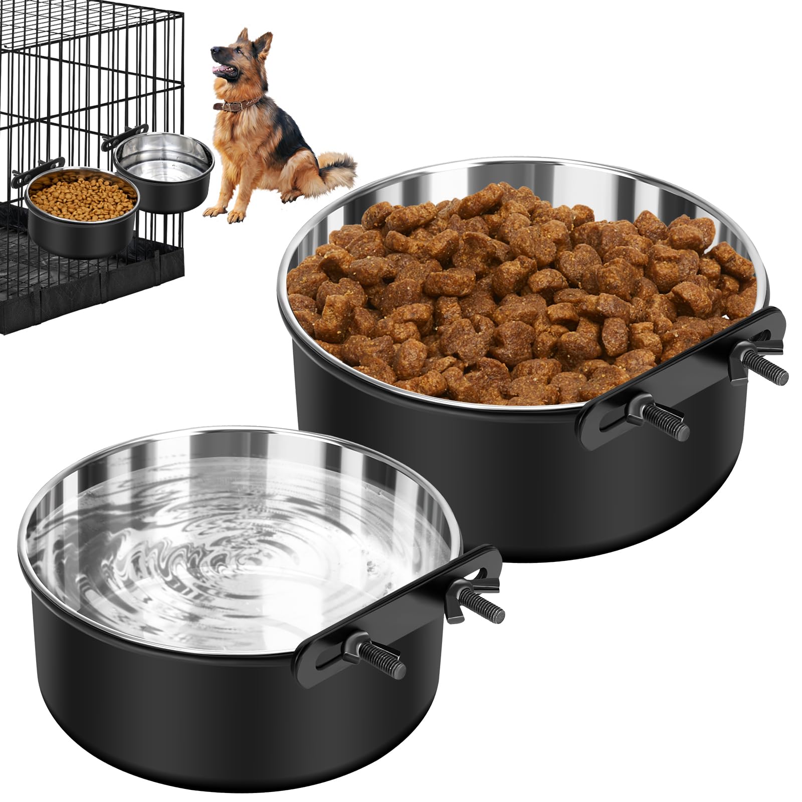 Dog Crate Water Bowl No Spill, 2 Pack Dog Crate Bowls Hanging, Kennel Water Food Bowls Mountable, Pet Cage Accessories Feeder Dish, Large Stainless Steel Coop Cup for Cat Puppy Bunny Guinea Pig Ferret