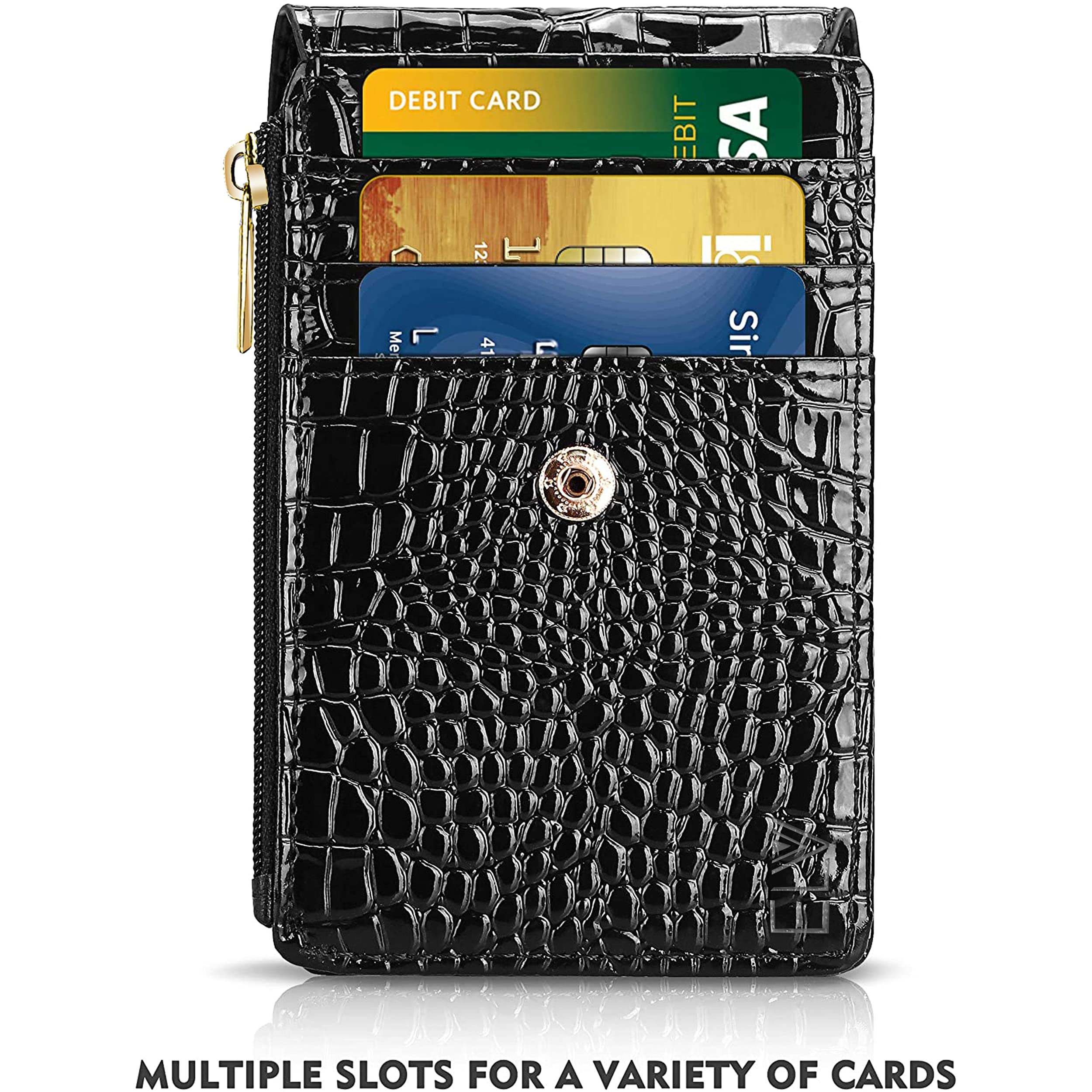 ELV Badge Holder with Zipper, PU Leather ID Badge Card Holder Wallet with 5 Card Slots, 1 Side RFID Blocking Pocket and 20 inch Neck Lanyard Strap for Offices ID, School ID, Driver Licence