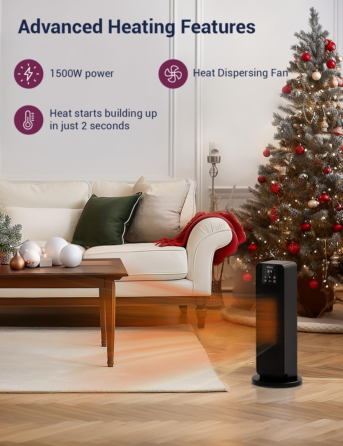 DELLA Electric Space Heater, 18.3" 1500W PTC Fast & Quiet Ceramic Portable Tower Heaters w/Remote Control, Thermostat & Timer, 3 Modes, Eco, LED, Safety Office/Home Oscillating Heater Fan, Black