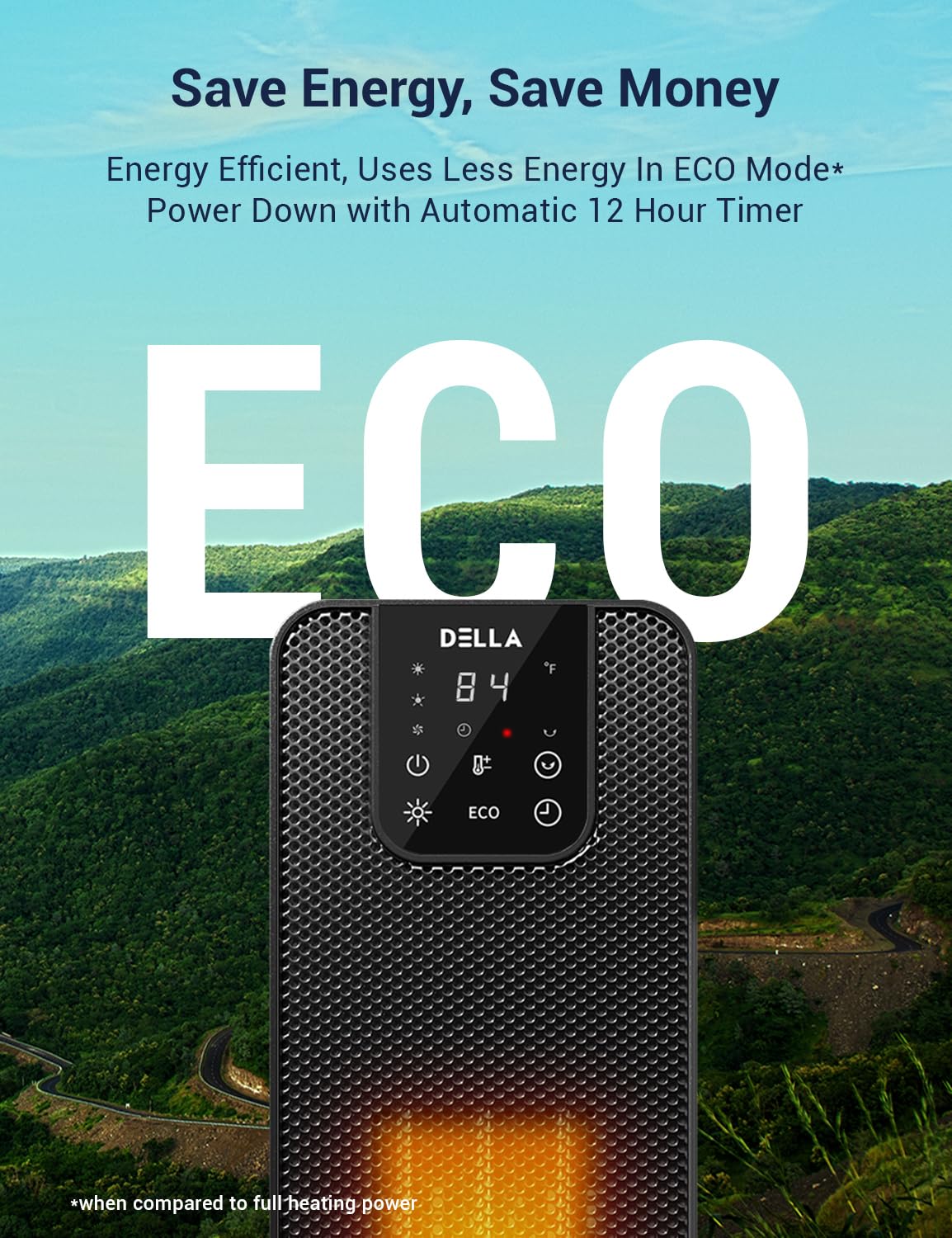 DELLA Electric Space Heater, 18.3" 1500W PTC Fast & Quiet Ceramic Portable Tower Heaters w/Remote Control, Thermostat & Timer, 3 Modes, Eco, LED, Safety Office/Home Oscillating Heater Fan, Black
