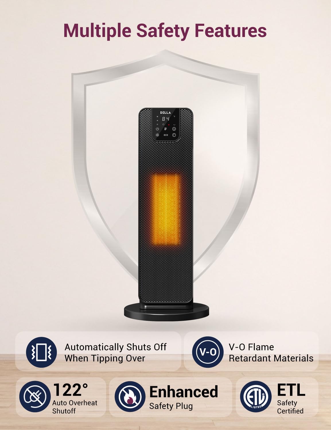 DELLA Electric Space Heater, 18.3" 1500W PTC Fast & Quiet Ceramic Portable Tower Heaters w/Remote Control, Thermostat & Timer, 3 Modes, Eco, LED, Safety Office/Home Oscillating Heater Fan, Black