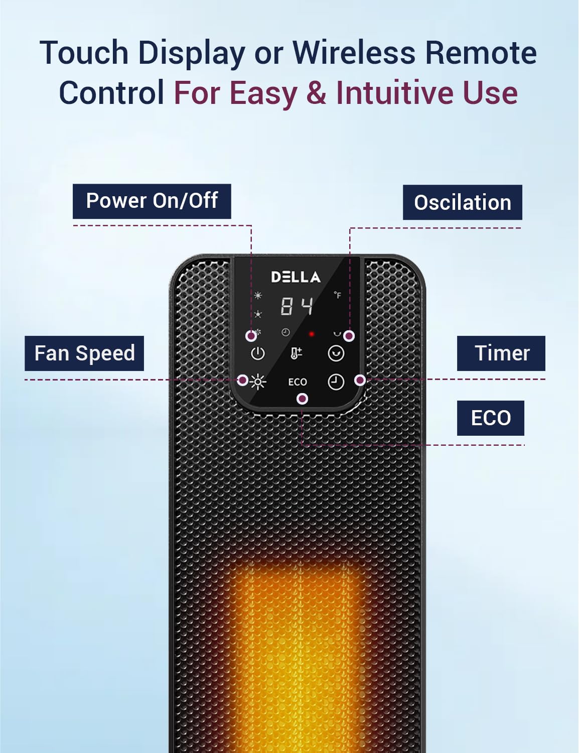 DELLA Electric Space Heater, 18.3" 1500W PTC Fast & Quiet Ceramic Portable Tower Heaters w/Remote Control, Thermostat & Timer, 3 Modes, Eco, LED, Safety Office/Home Oscillating Heater Fan, Black