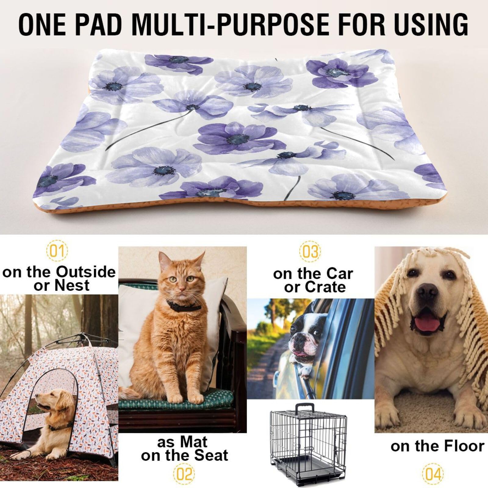 Kigai Watercolor Purple Flowers Pet Bed Mat, Soft Cozy Crate Pet Mattress, Anti-Slip Bottom Machine Washable Pet Mat for Dog Sleeping