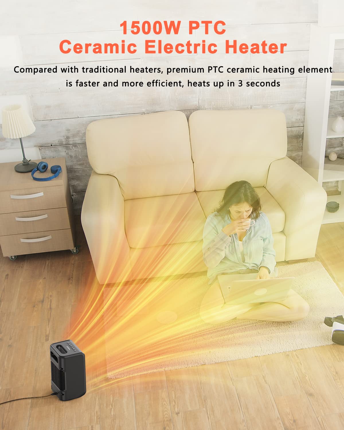 TriPole Space Heater Portable Electric Heater with Thermostat, 80° Oscillating Small Space Heaters for Indoor Use, 1500W Fast Heating PTC Ceramic Heater for Bedroom Office Desk, 1-12H Timer, ECO Mode