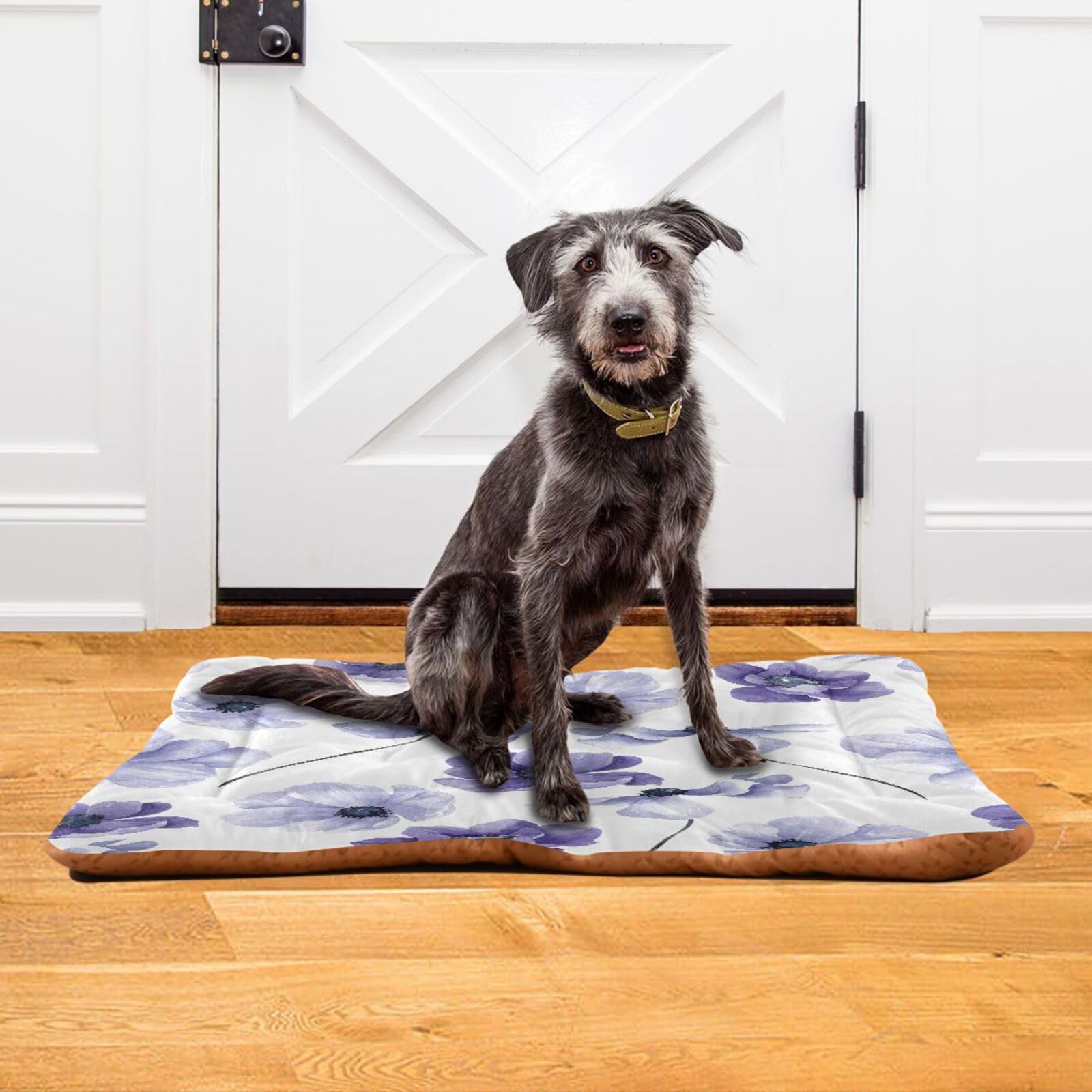 Kigai Watercolor Purple Flowers Pet Bed Mat, Soft Cozy Crate Pet Mattress, Anti-Slip Bottom Machine Washable Pet Mat for Dog Sleeping