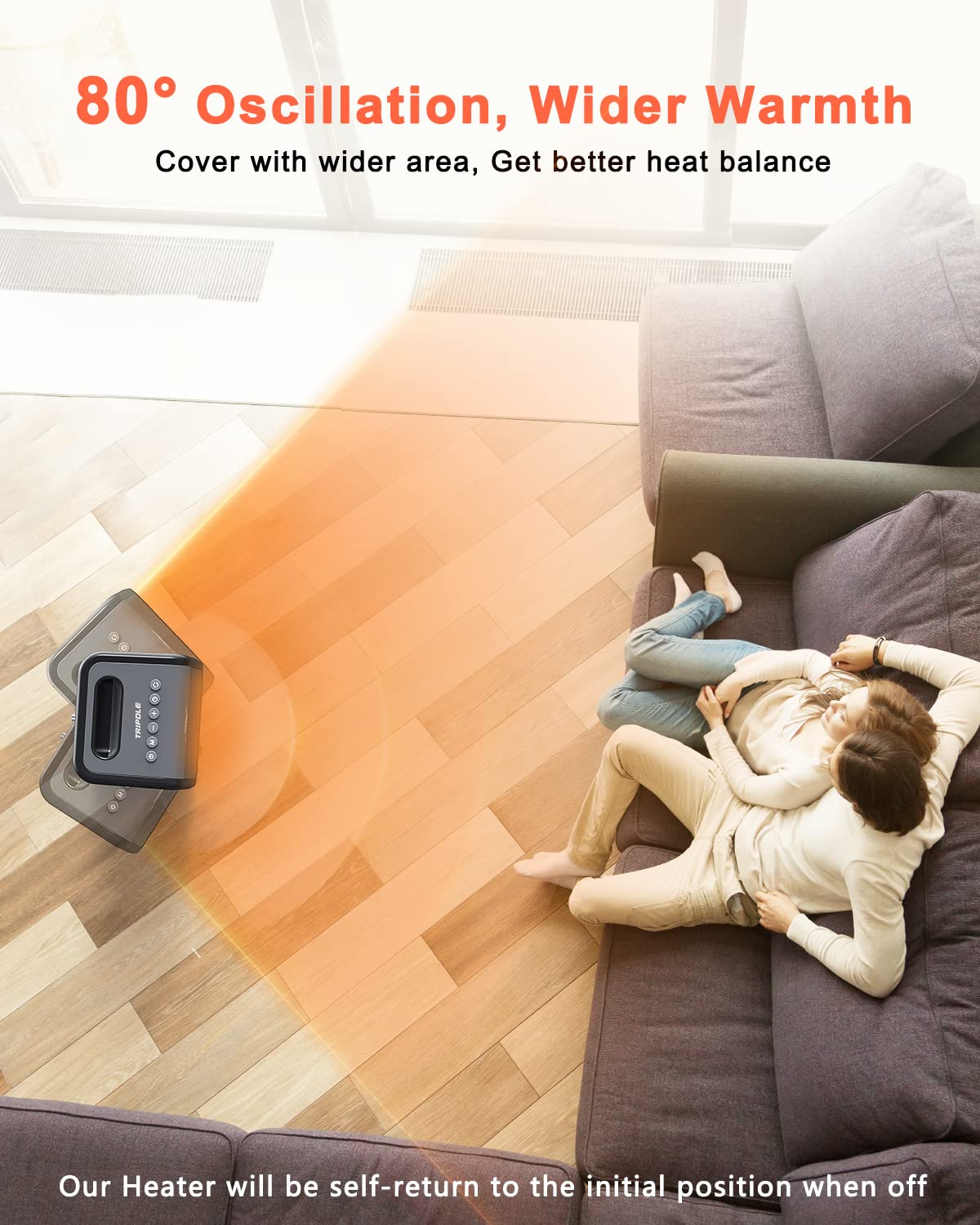 TriPole Space Heater Portable Electric Heater with Thermostat, 80° Oscillating Small Space Heaters for Indoor Use, 1500W Fast Heating PTC Ceramic Heater for Bedroom Office Desk, 1-12H Timer, ECO Mode