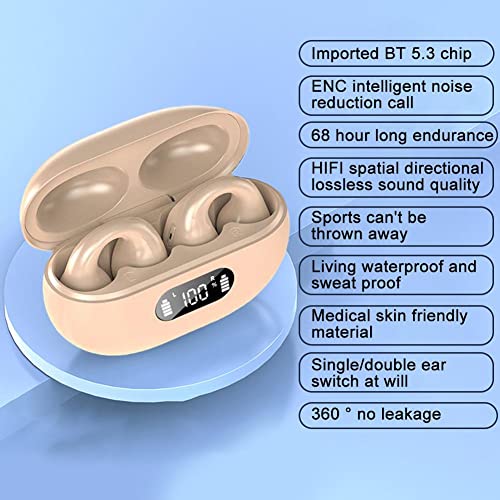 BODBX Wireless in Ear Earbuds,Bluetooth Ear Clip Bone Conduction Headphones,Open Ear Headphones Bluetooth 5.3,Waterproof Mini Sport Running Earring Earphone (Khaki)