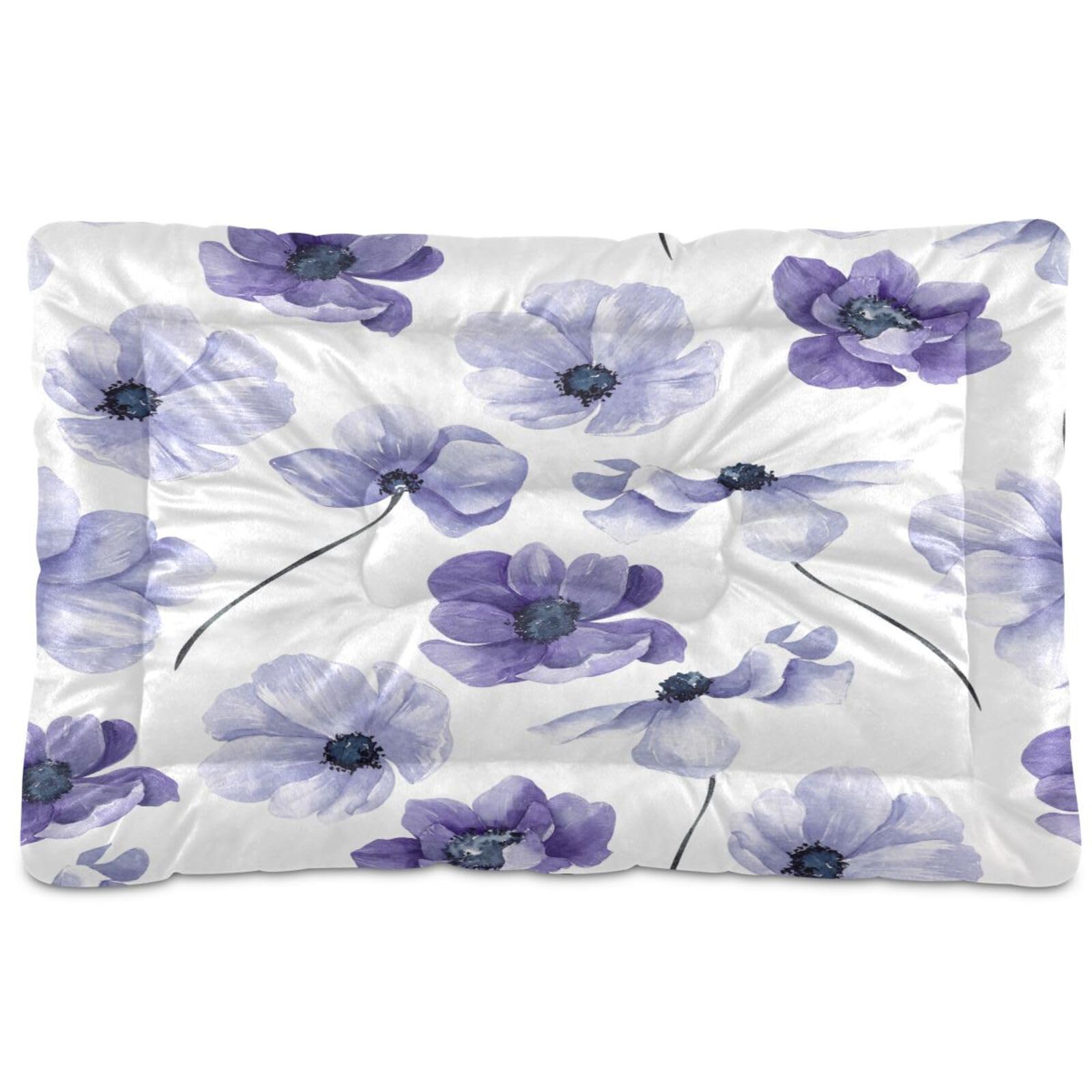 Kigai Watercolor Purple Flowers Pet Bed Mat, Soft Cozy Crate Pet Mattress, Anti-Slip Bottom Machine Washable Pet Mat for Dog Sleeping