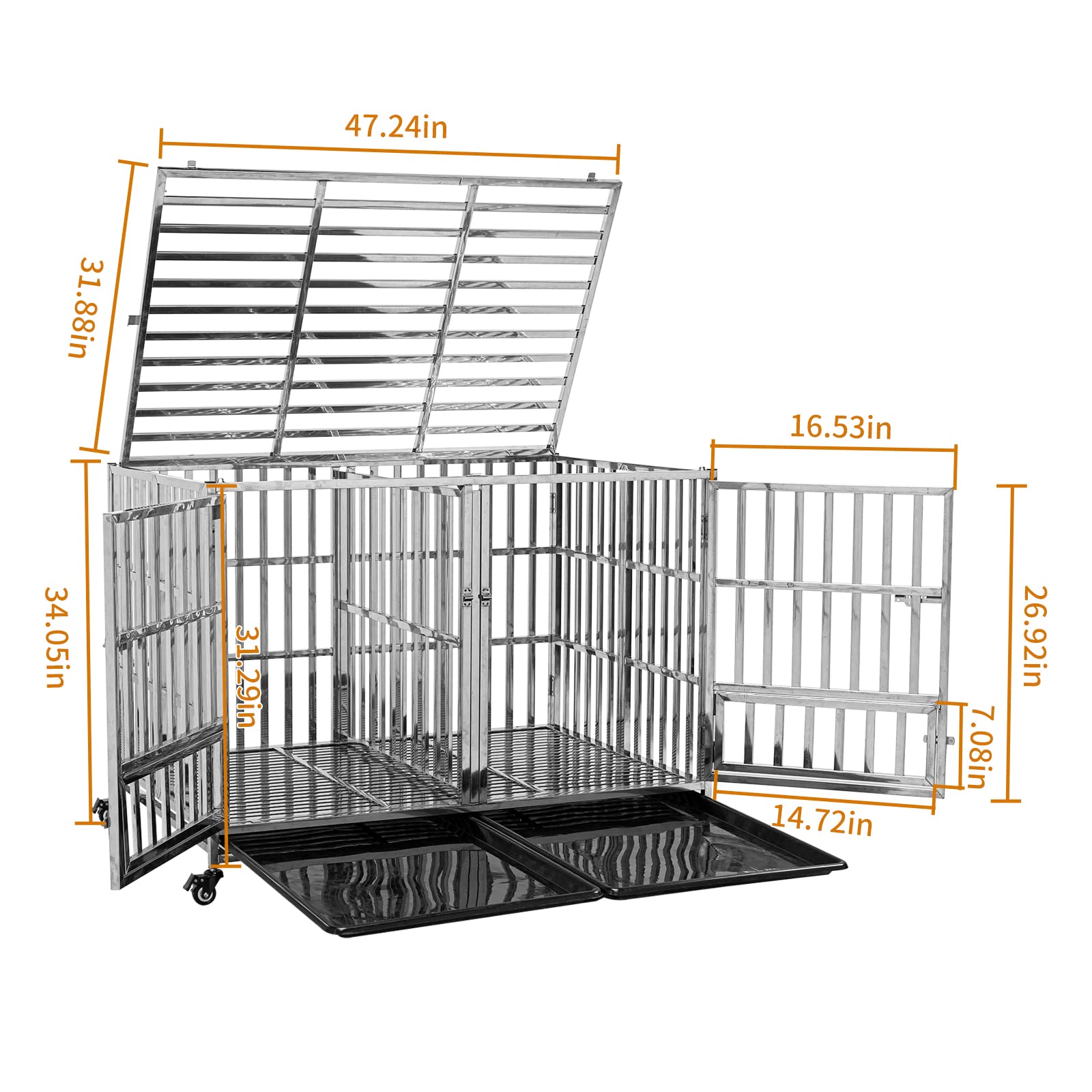 RyBuy 48" Heavy Duty Dog Cage Foldable Stackable Stainless Steel Kennel Cage for Small Dogs with Floor Grid, Tray, Divider