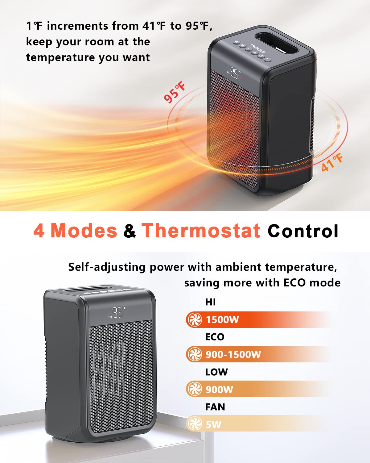 TriPole Space Heater Portable Electric Heater with Thermostat, 80° Oscillating Small Space Heaters for Indoor Use, 1500W Fast Heating PTC Ceramic Heater for Bedroom Office Desk, 1-12H Timer, ECO Mode