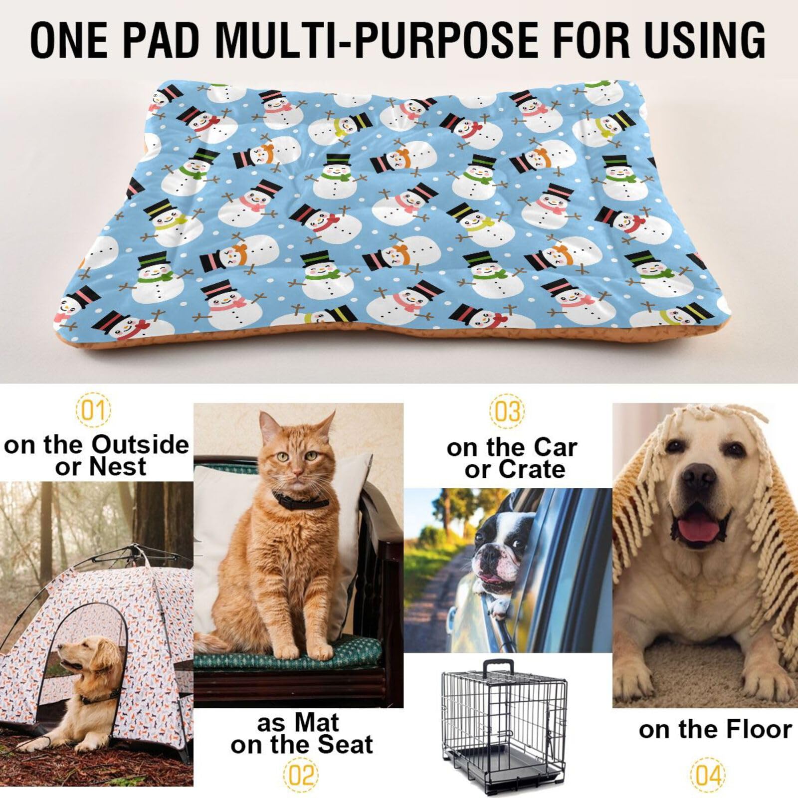 Coikll Cute Christmas Snowman Pet Bed Pad Soft Dog Bed Mat with Anti-Slip Bottom, Machine Washable Crate Pad Mattress for Dog Sleeping- 24 * 18inches
