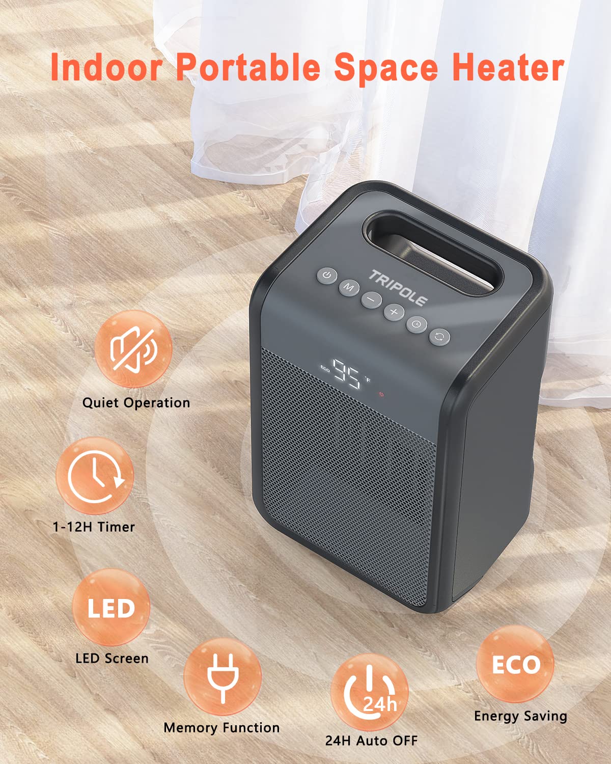 TriPole Space Heater Portable Electric Heater with Thermostat, 80° Oscillating Small Space Heaters for Indoor Use, 1500W Fast Heating PTC Ceramic Heater for Bedroom Office Desk, 1-12H Timer, ECO Mode