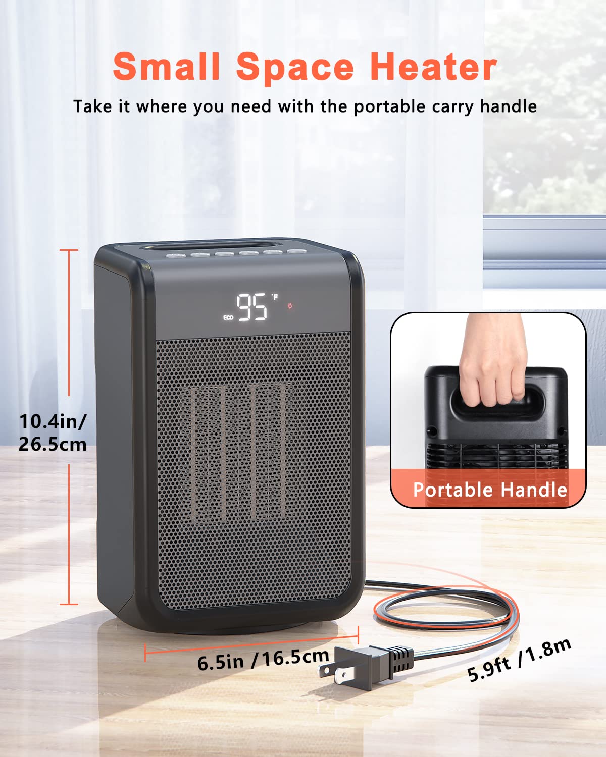 TriPole Space Heater Portable Electric Heater with Thermostat, 80° Oscillating Small Space Heaters for Indoor Use, 1500W Fast Heating PTC Ceramic Heater for Bedroom Office Desk, 1-12H Timer, ECO Mode