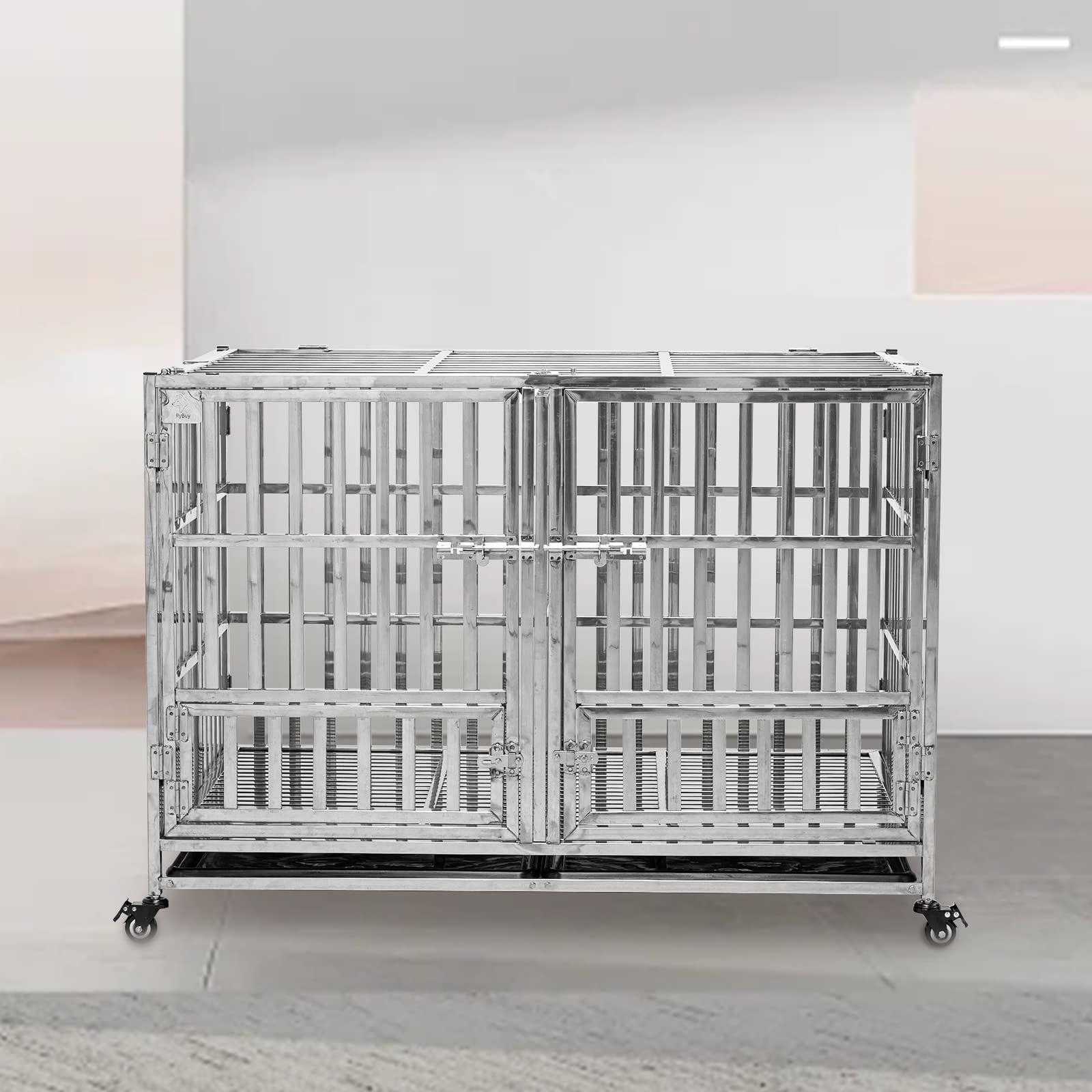 RyBuy 48" Heavy Duty Dog Cage Foldable Stackable Stainless Steel Kennel Cage for Small Dogs with Floor Grid, Tray, Divider