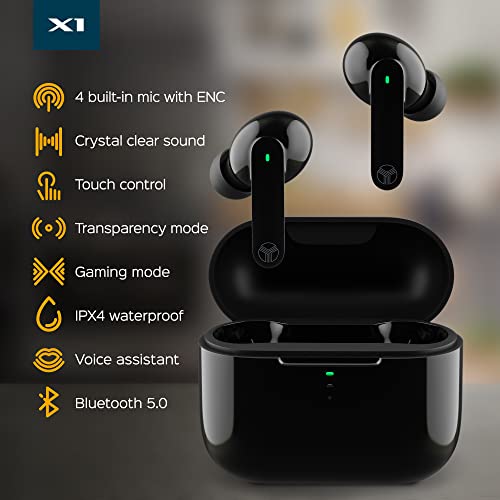TREBLAB X1 - True Wireless Earbuds, IPX4 Waterproof Bluetooth Earbuds with Touch Control, Voice Assistant, Transparency Mode,Gaming Mode, Up to 24 Hour Playtime, Includes Charging Case, Black(Renewed)