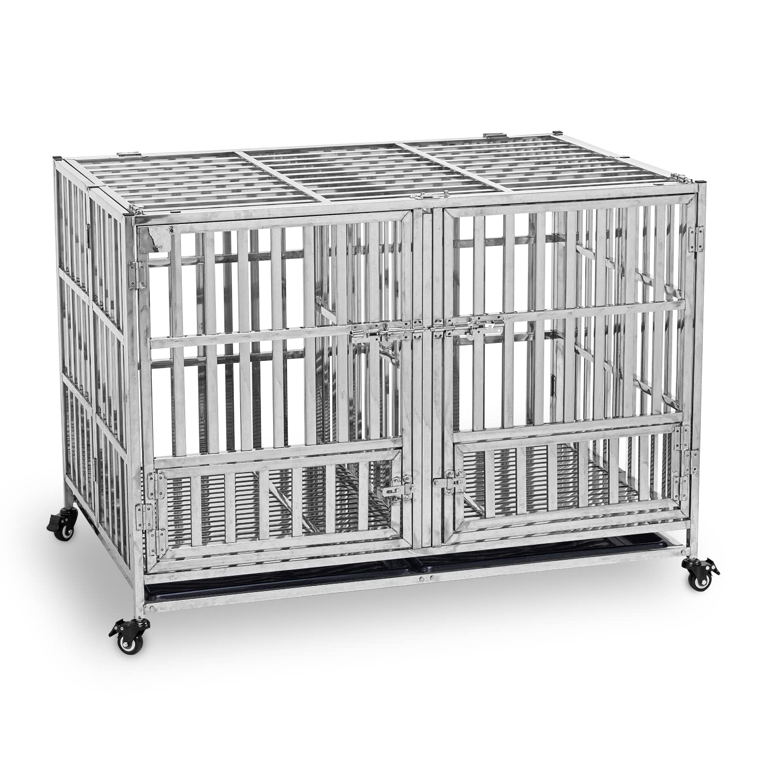 RyBuy 48" Heavy Duty Dog Cage Foldable Stackable Stainless Steel Kennel Cage for Small Dogs with Floor Grid, Tray, Divider