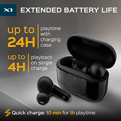 TREBLAB X1 - True Wireless Earbuds, IPX4 Waterproof Bluetooth Earbuds with Touch Control, Voice Assistant, Transparency Mode,Gaming Mode, Up to 24 Hour Playtime, Includes Charging Case, Black(Renewed)