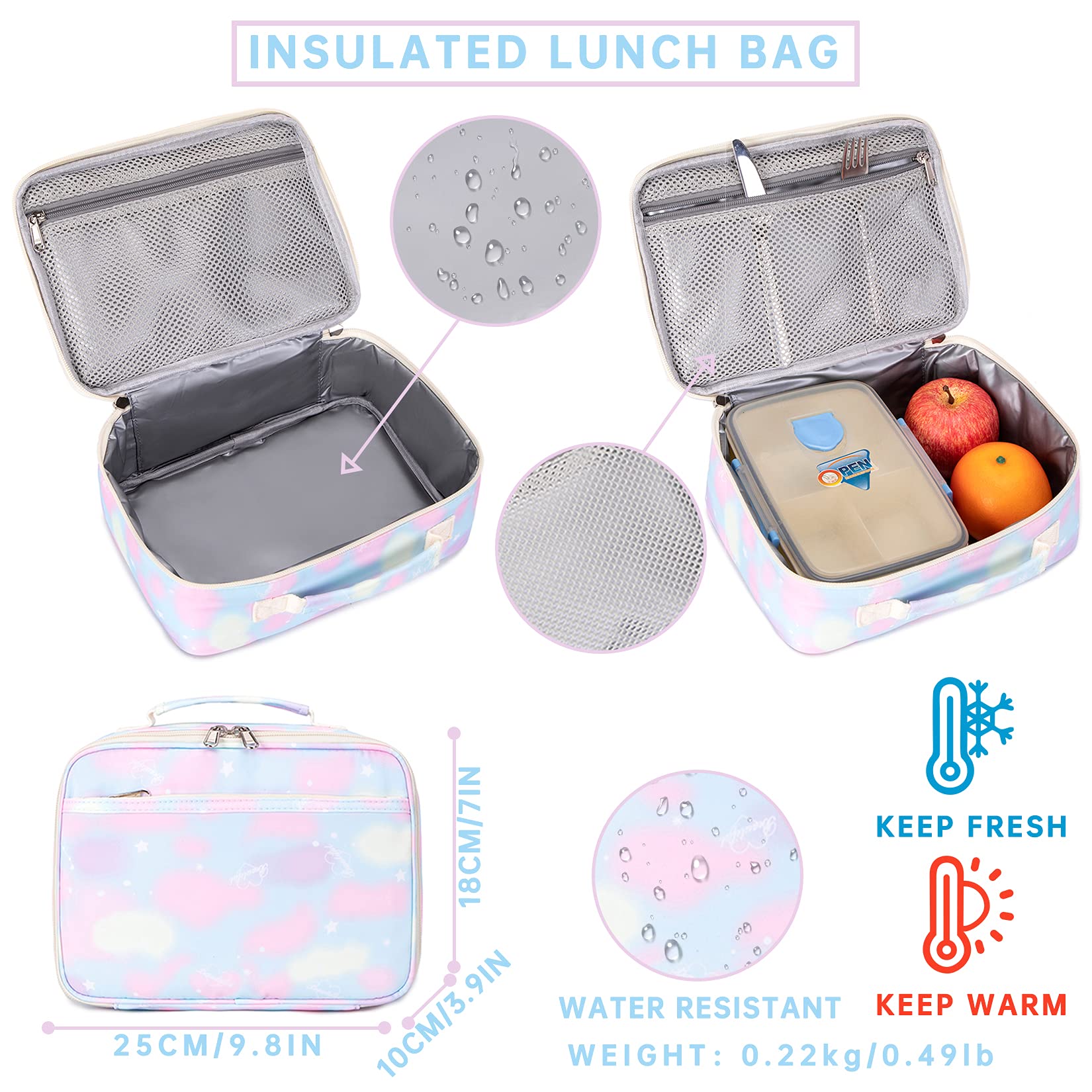 Lohol Rainbow Backpack with Lunch Box for Kids Girls Teens, Lightweight Water Resistant BookBag Set for School Travel (Pink)