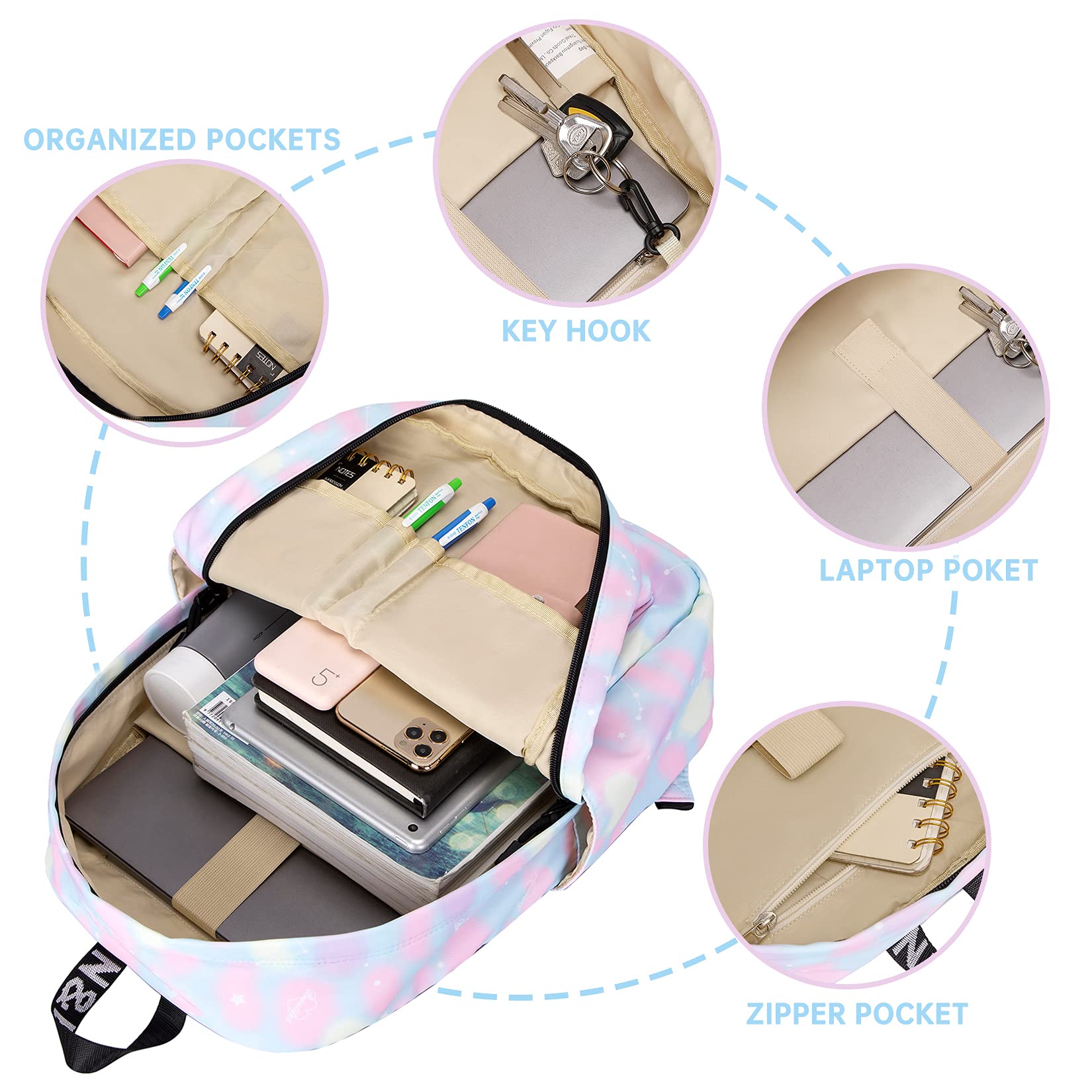 Lohol Rainbow Backpack with Lunch Box for Kids Girls Teens, Lightweight Water Resistant BookBag Set for School Travel (Pink)