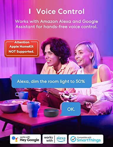 meross Smart Light Bulb, Smart WiFi LED Bulbs Works with Alexa, Google Home, Dimmable E26 Multicolor 2700K-6500K RGBWW, 810 Lumens 60W Equivalent,ย No Hub Required, 2 Pack
