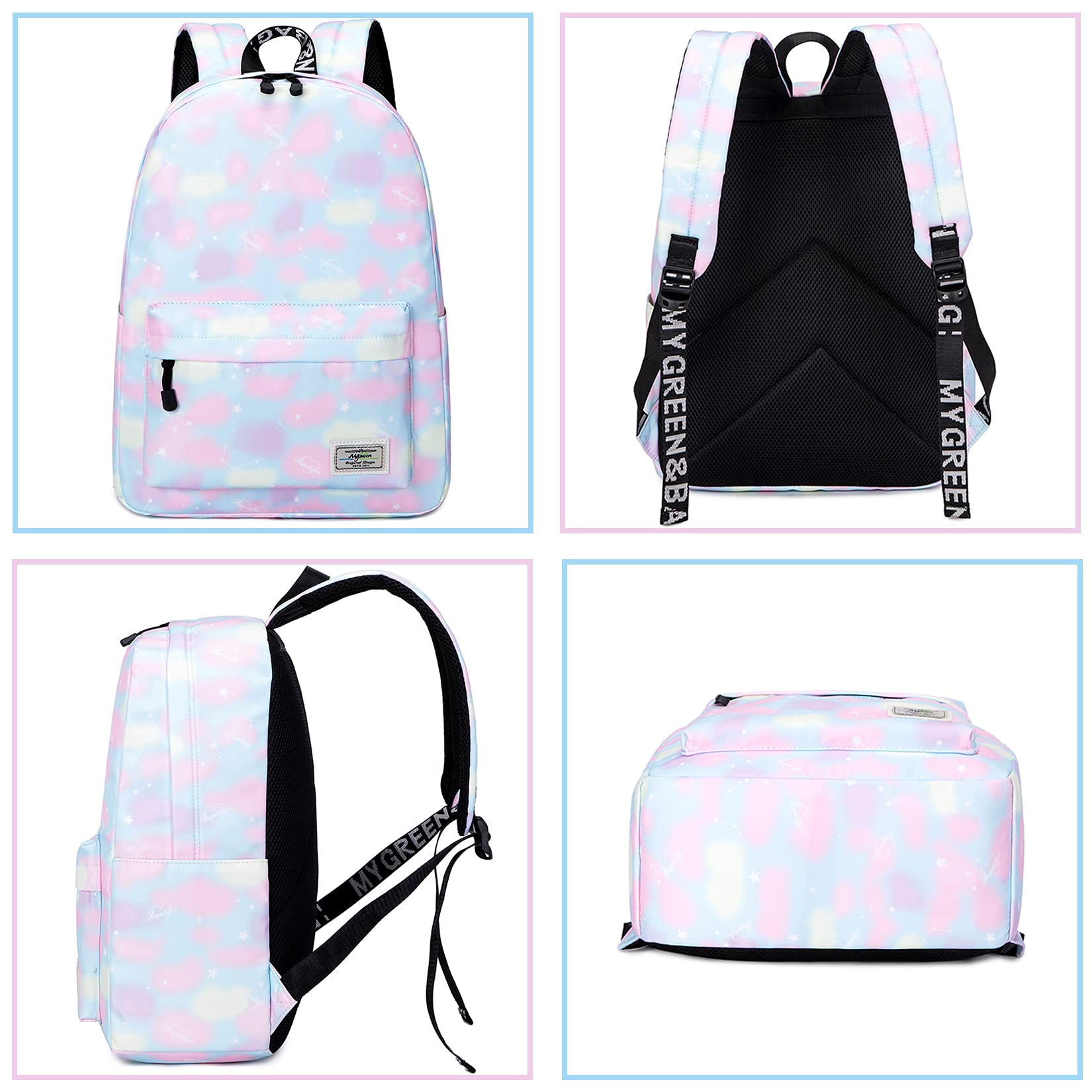 Lohol Rainbow Backpack with Lunch Box for Kids Girls Teens, Lightweight Water Resistant BookBag Set for School Travel (Pink)