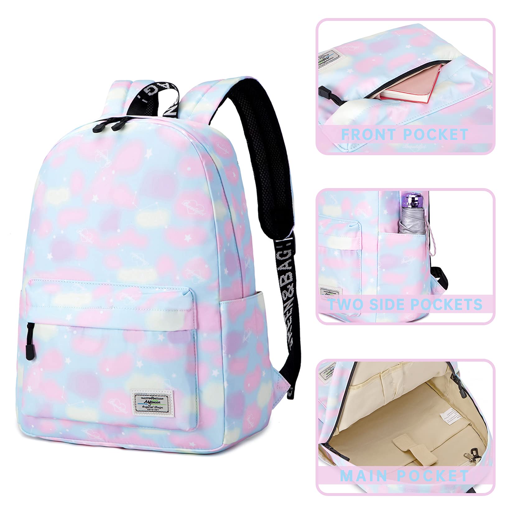 Lohol Rainbow Backpack with Lunch Box for Kids Girls Teens, Lightweight Water Resistant BookBag Set for School Travel (Pink)
