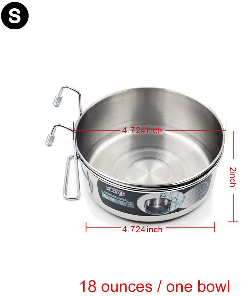 MLCINI Hanging Pet Bowl, 3 Size 2 Pack Non Spill Stainless Steel Food Water Bowls Bunny Feeder with Hook for Dogs Cats in Crate, Cage & Kennel (S/18 Ounce)