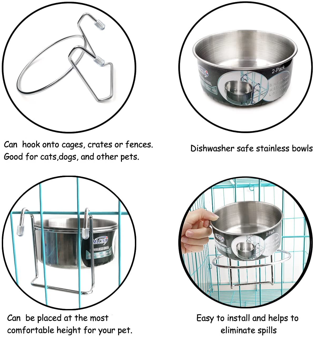 MLCINI Hanging Pet Bowl, 3 Size 2 Pack Non Spill Stainless Steel Food Water Bowls Bunny Feeder with Hook for Dogs Cats in Crate, Cage & Kennel (S/18 Ounce)