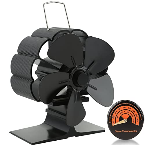 PETCHOR Mini Stove Fan, Wood Stove Fans Non Electric, Fireplace Fan Heat Powered, Stove Top Fan for Fireplace/Wood Stoves/Burner/Wood burning/Pellet Eco Friendly with Thermometer