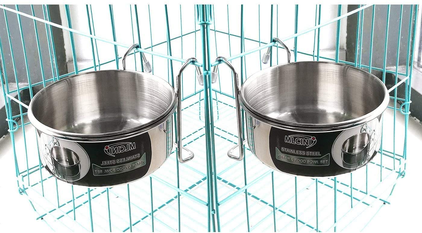 MLCINI Hanging Pet Bowl, 3 Size 2 Pack Non Spill Stainless Steel Food Water Bowls Bunny Feeder with Hook for Dogs Cats in Crate, Cage & Kennel (S/18 Ounce)