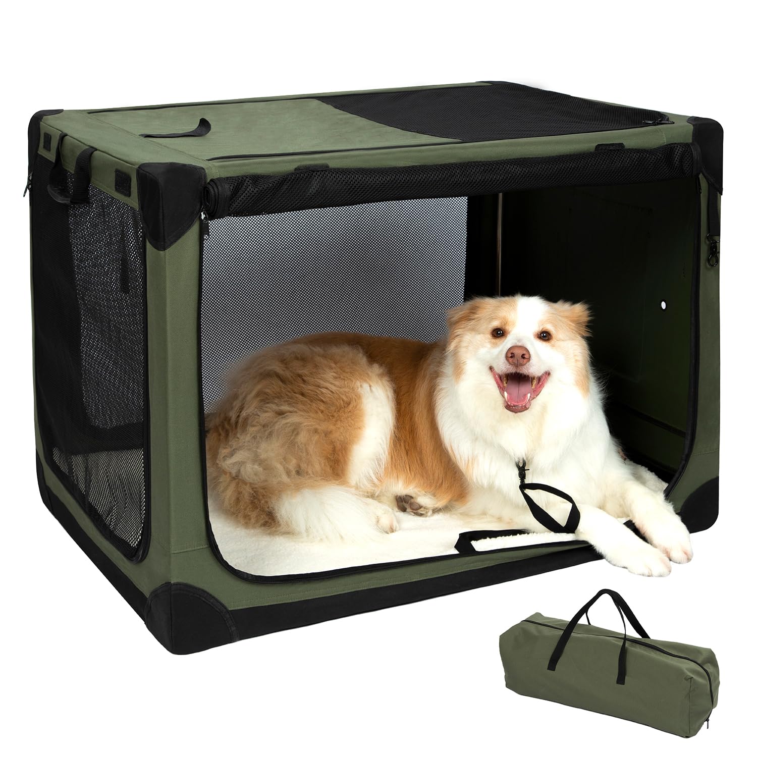 Pettycare 36 Inch Stainless Steel Collapsible Dog Crates for Large Dogs, 4-Door Soft Sided Kennel for Travel, Portable Foldable Pet Crate with Durable Mesh Windows, Indoor & Outdoor, Olive Green