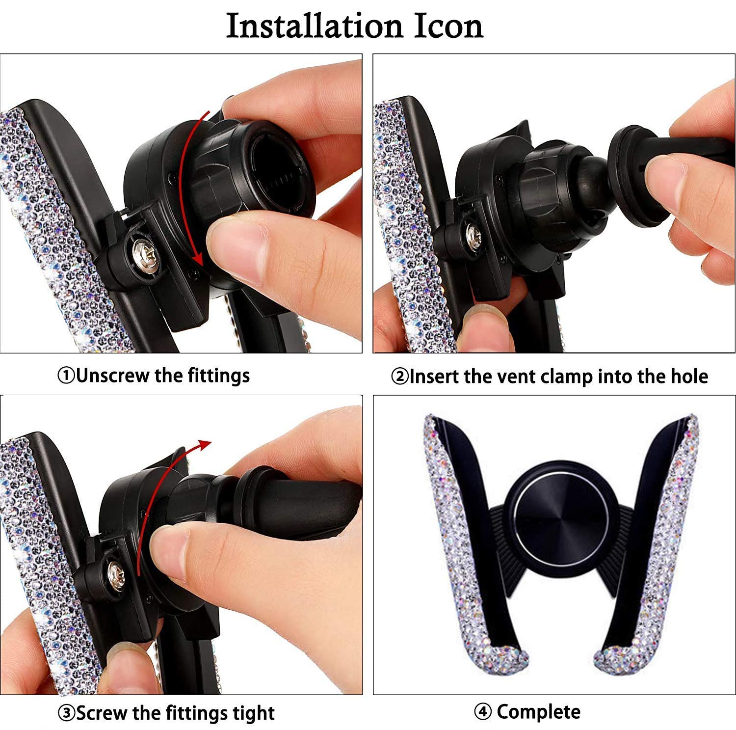 SUNCARACCL Bling Car Phone Holder Mini Dash Air Vent Automatic Mount Universal 360°Adjustable Crystal Auto Stand Accessories for Women and Girls (Black)