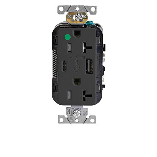 Leviton T5833-HGE Heavy-Duty Hospital Grade, Tamper Resistant, Type A-C USB Charger Receptacles, 20 Amp, Black