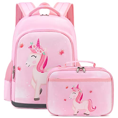 JIANYA Kids Backpack for School Girls Backpack Lunch Box Set Unicorn Preschool Kindergarten Bookbag with Chest Strap