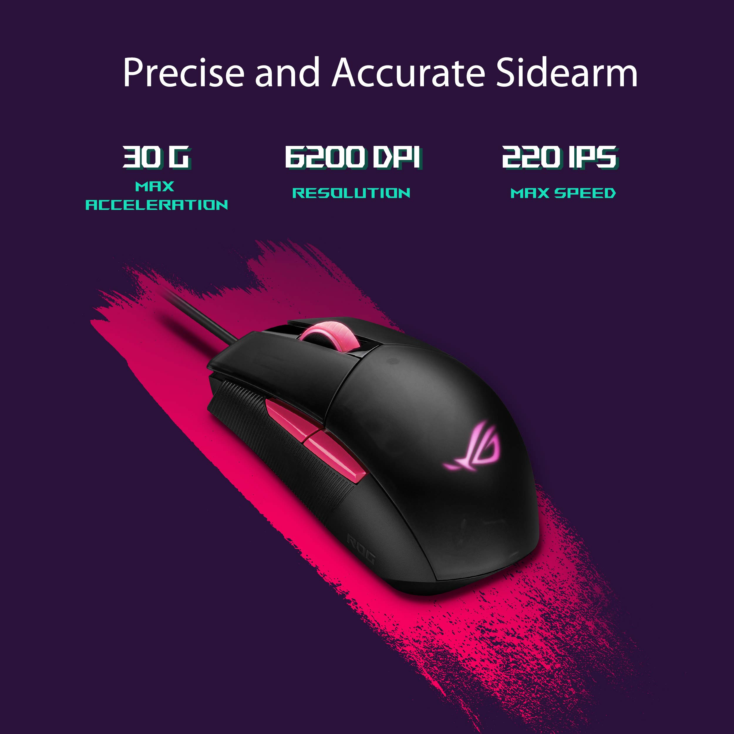ASUS ROG Strix Impact II Electro Punk is an ambidextrous, Ergonomic Gaming Mouse Featuring 6,200 dpi Optical Sensor, Lightweight Design and Aura Sync RGB Lighting